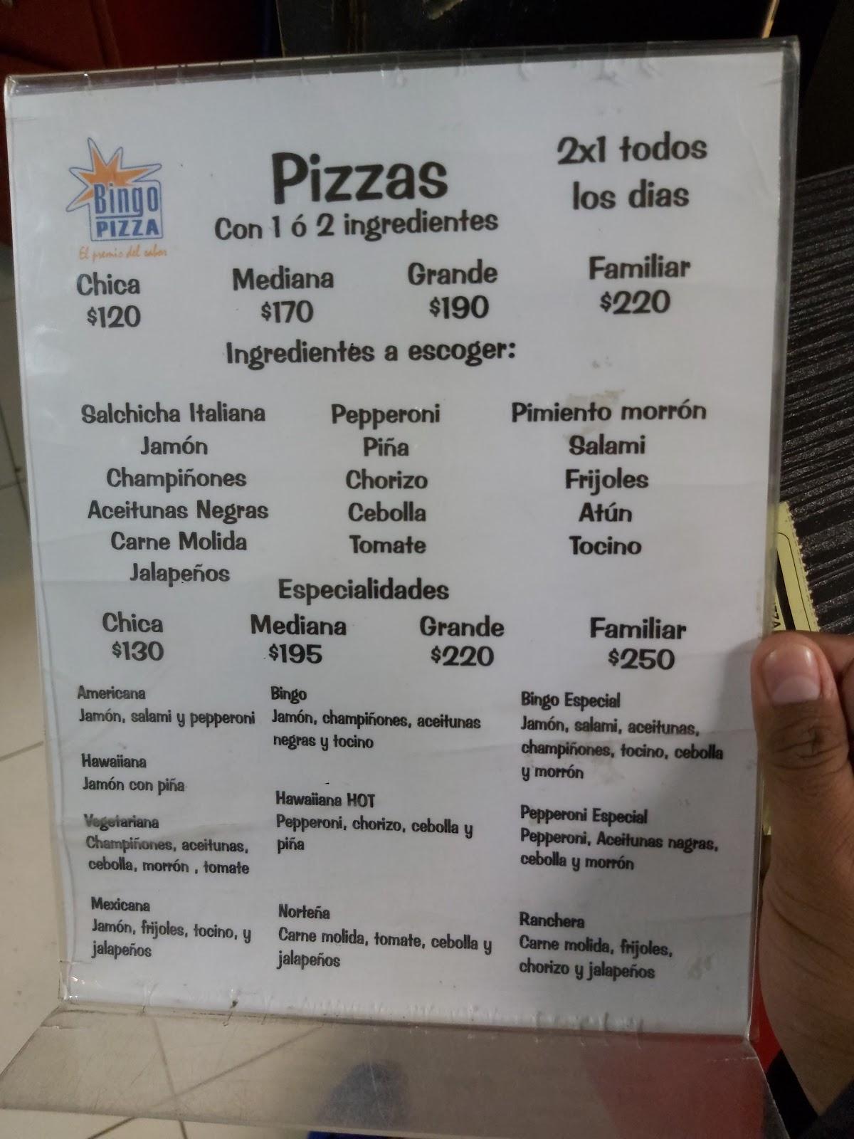 Carta de pizzería Bingo Pizza, Ciudad Camargo