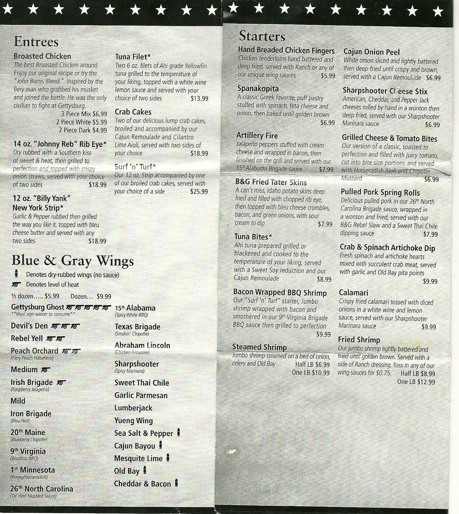 Menu at Blue & Gray Bar & Grill, Gettysburg