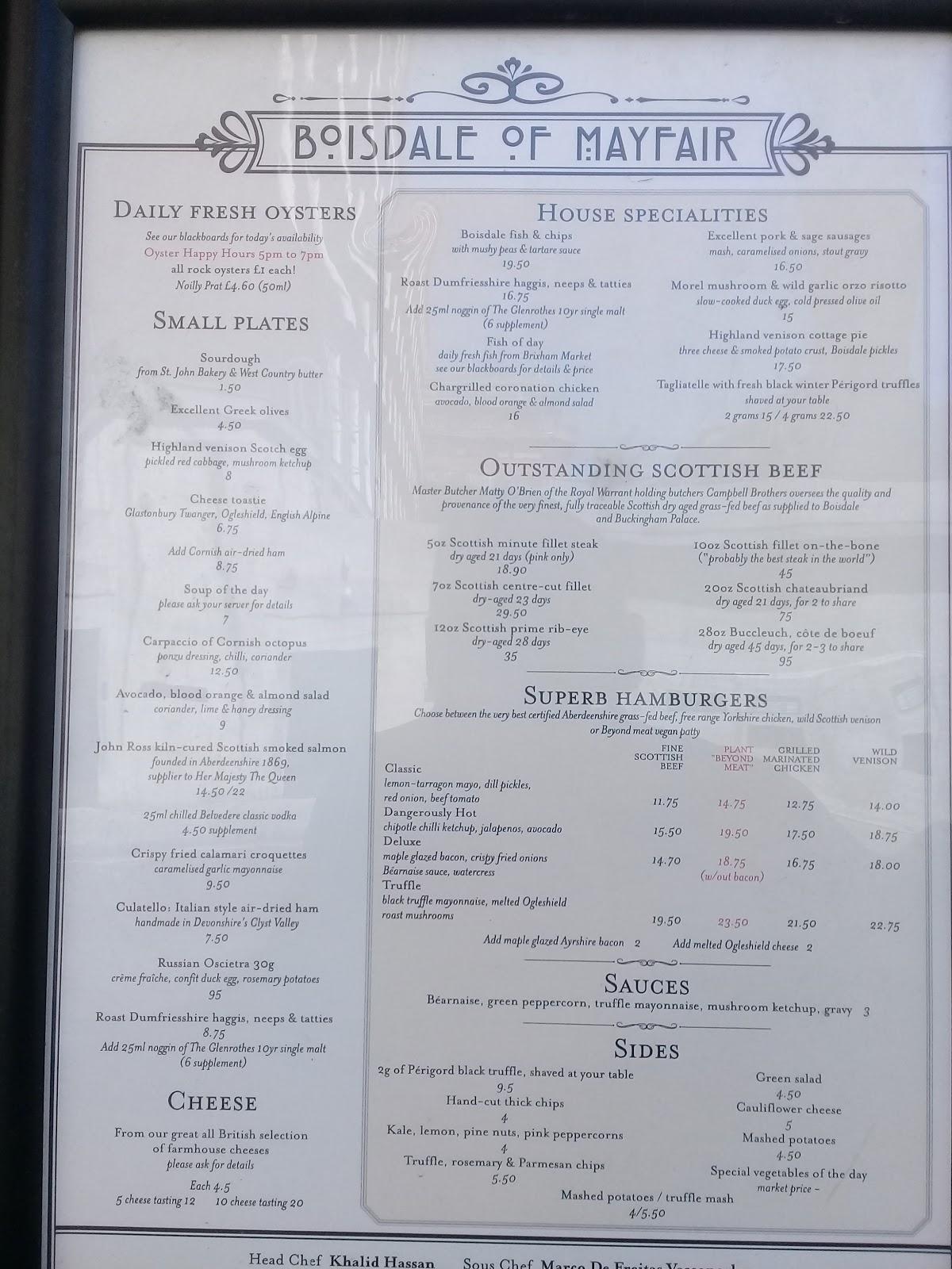 Menu at Boisdale of Mayfair pub & bar, London