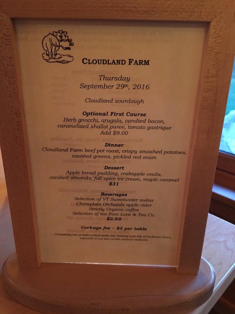 Menu at Cloudland Farm restaurant, Woodstock, Cloudland Rd