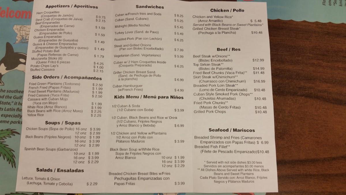 Menu at Elena's Cuban Cafe, Lakeland