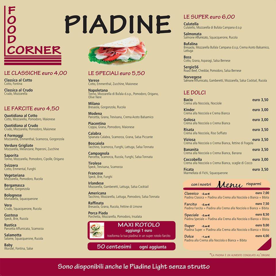 Menu at Food Corner restaurant, Varese, Via Carlo Cattaneo