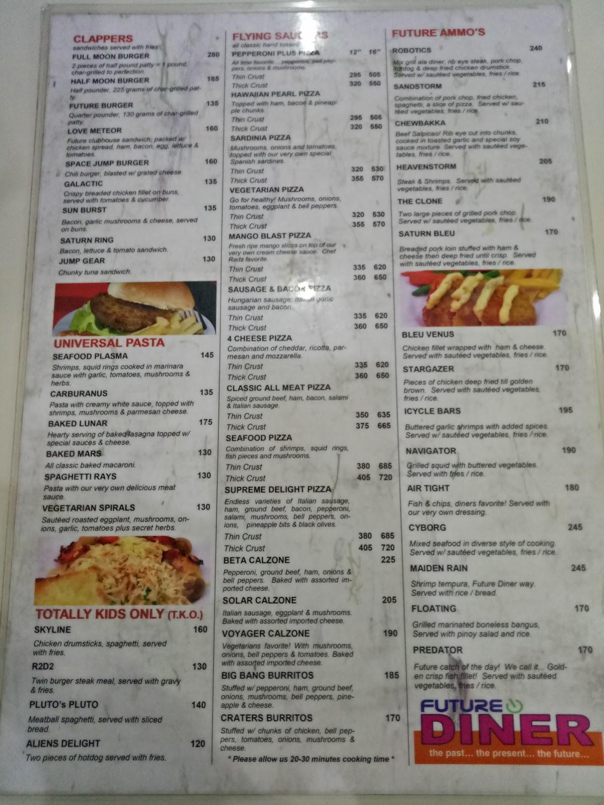 Menu at Future Diner restaurant, Baguio, Hotel Supreme