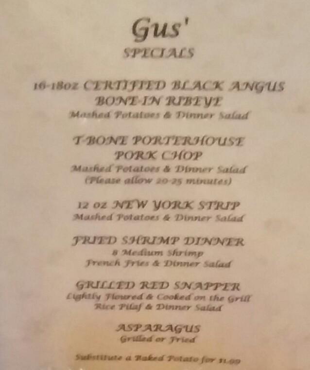 Menu at Gus' BBQ, Texas City, Palmer Hwy