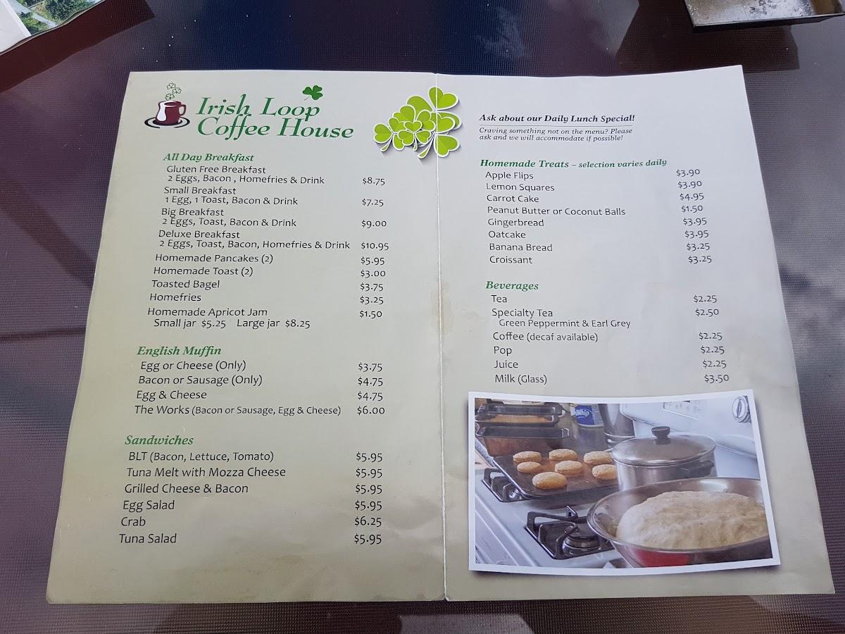 Menu at Irish Loop Coffee House, Witless Bay