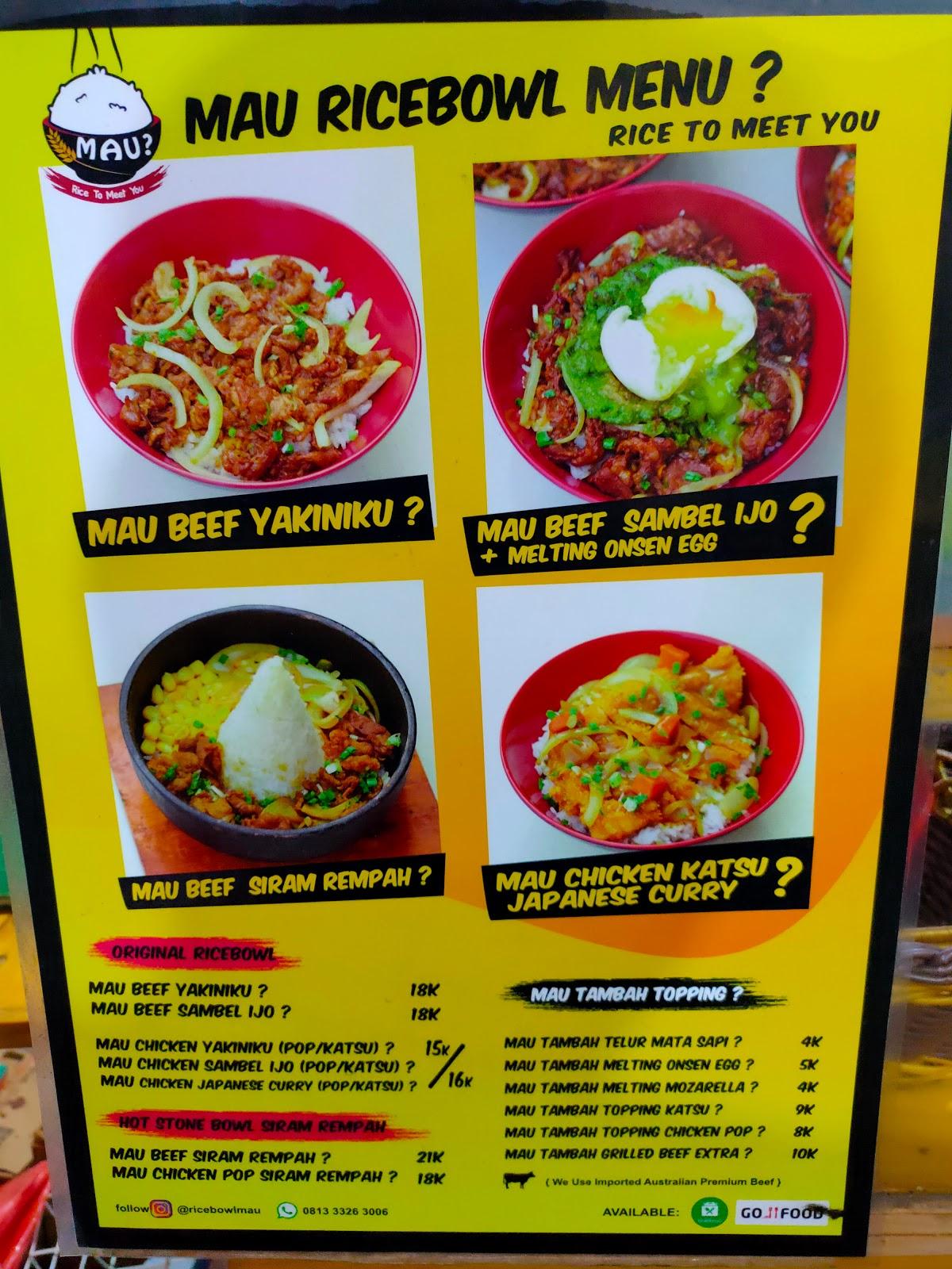 Menu at MAU Rice Bowl restaurant, Surabaya