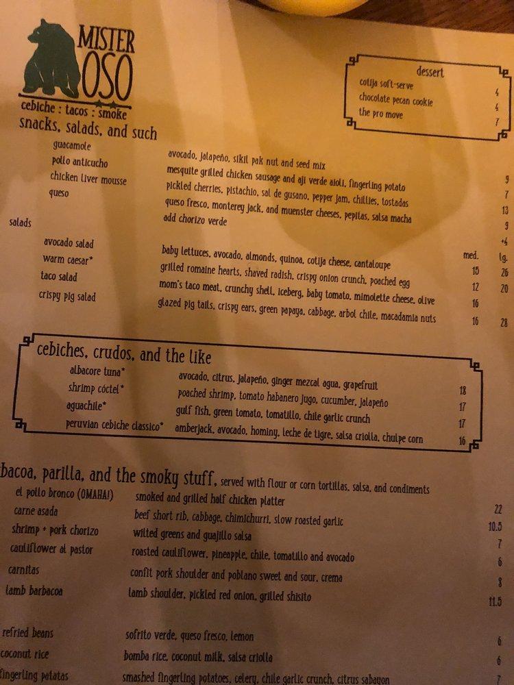 Menu at Mister Oso pub & bar, Denver