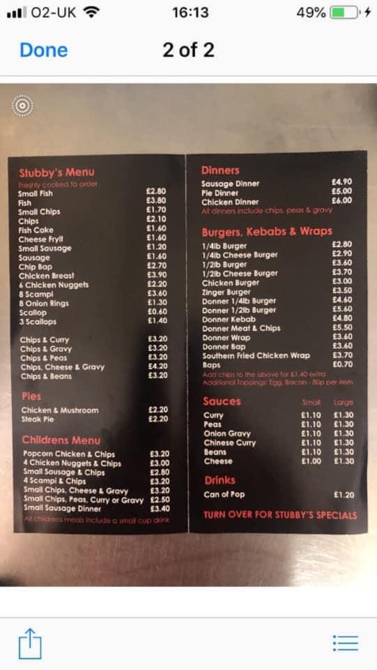 Menu at Stubby's Fish Bar, Wrexham