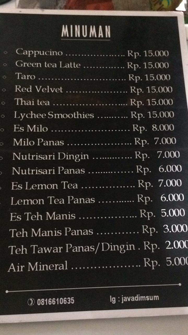 Menu at Teras Java Dimsum restaurant, Bandung