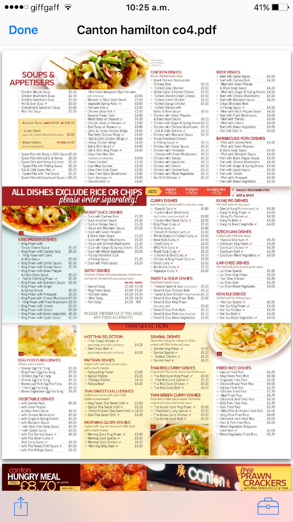 Menu at Canton restaurant, Hamilton, 216-218 Low Waters Rd