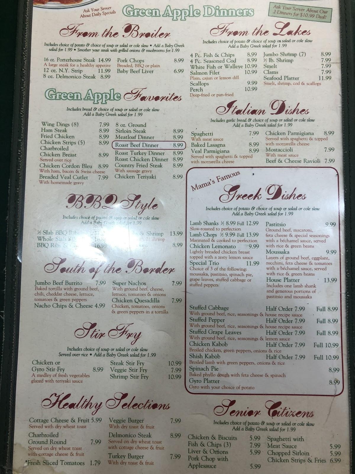 Menu at Green Apple Cooley Lake restaurant, Waterford Township, Cooley ...