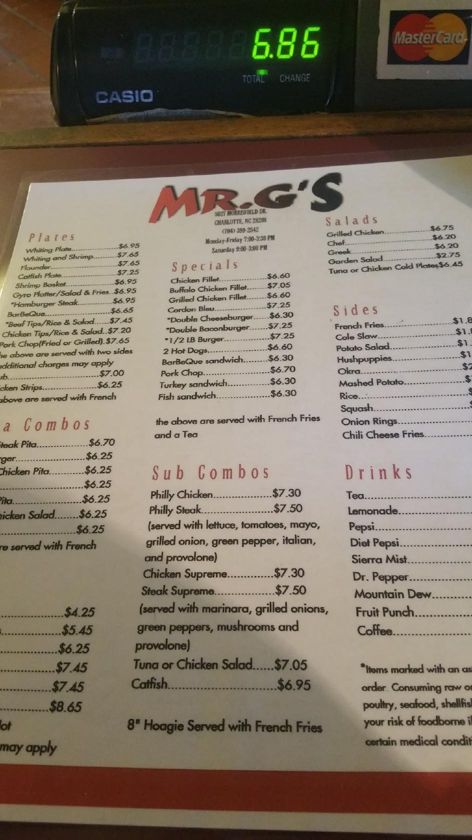 Menu at Mr G's restaurant, Charlotte
