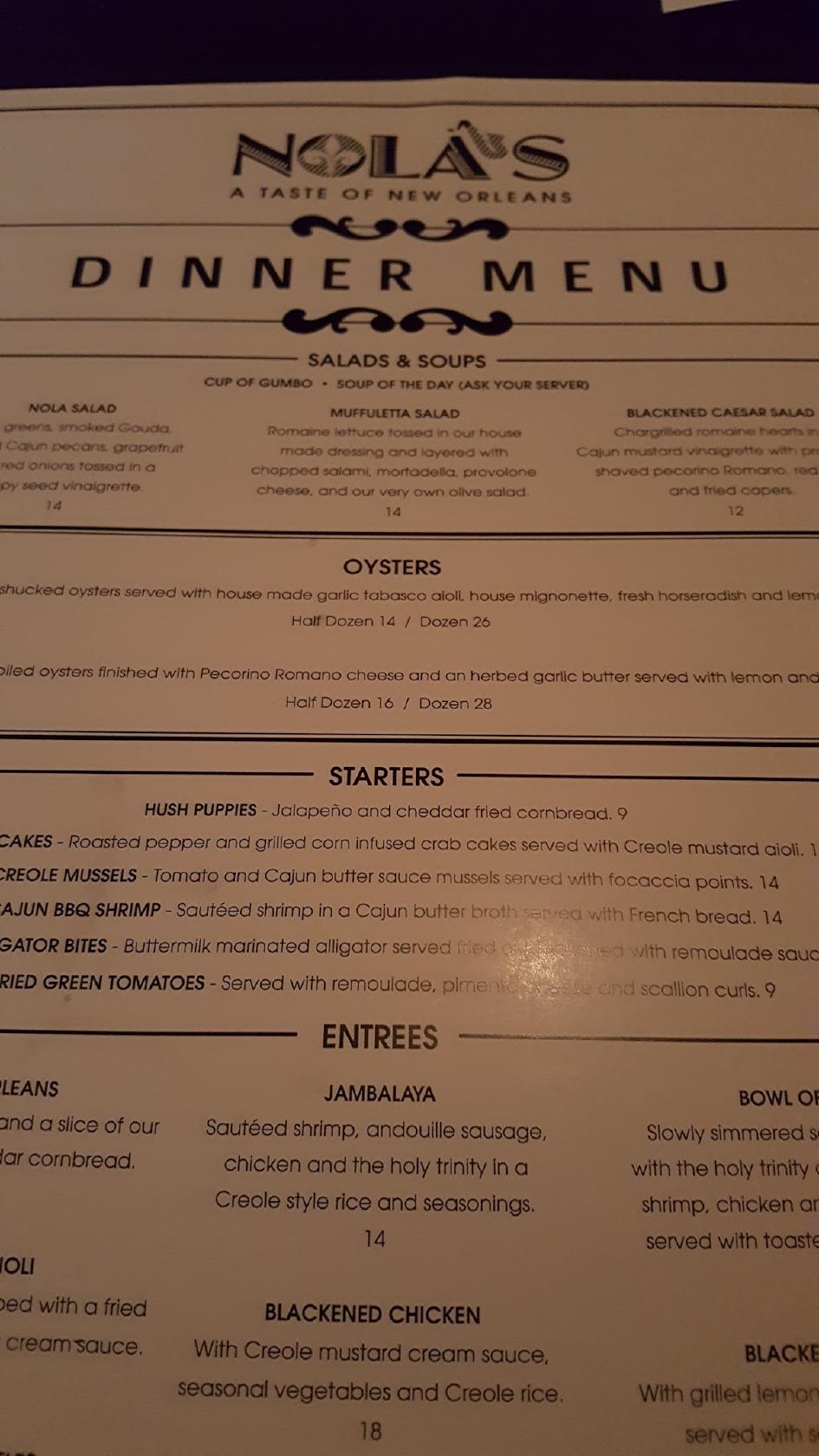 Menu at Nola's- A Taste of New Orleans restaurant, Windsor