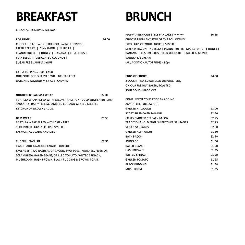 Menu at Nourish cafe, Wilmslow