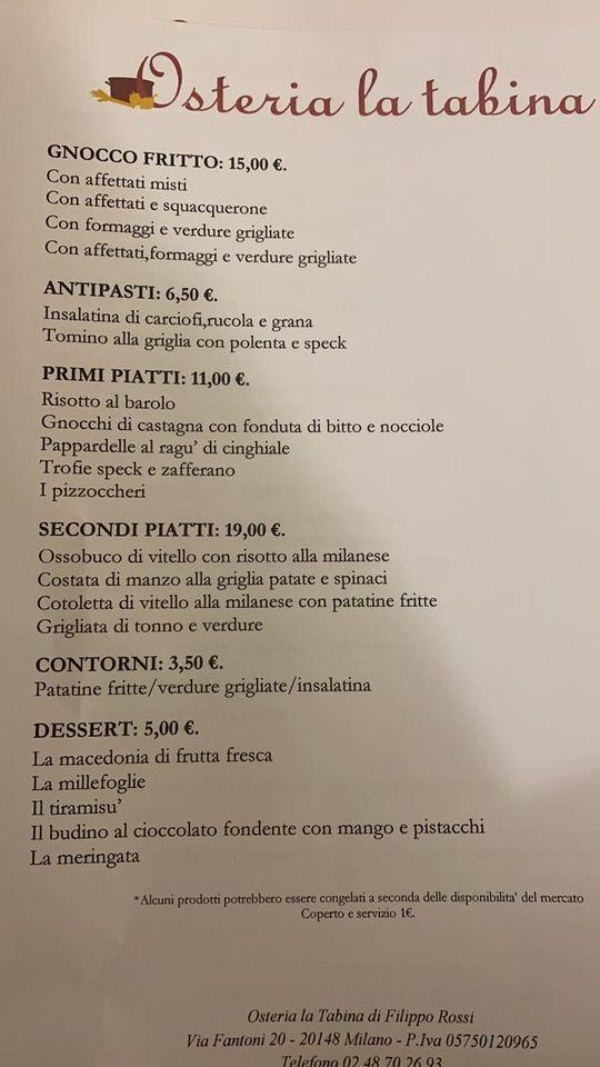 Menu da Osteria La Tabina ristorante, Milano