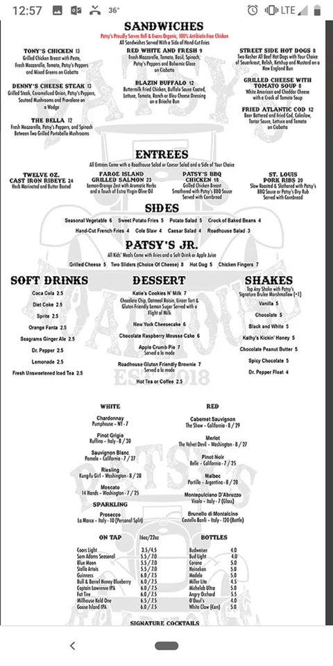 Menu at Patsy’s Roadhouse restaurant, Hopewell Junction