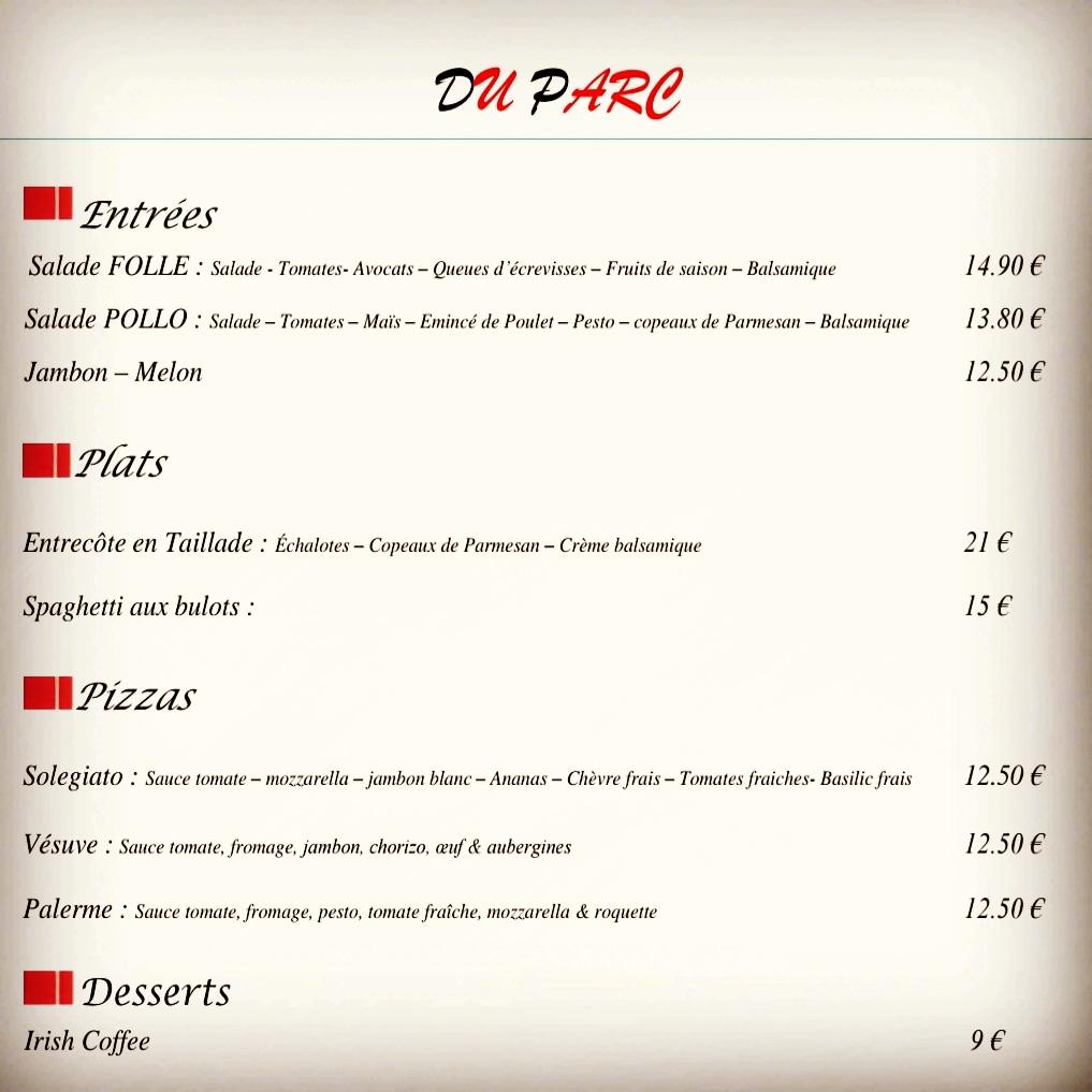 Carta de Restaurant Du Parc, Sochaux, 13 Av. du Général Leclerc