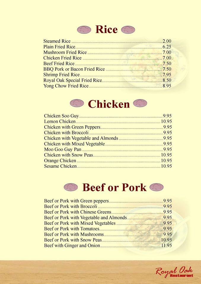 Menu at Royal Oak Restaurant, Orillia