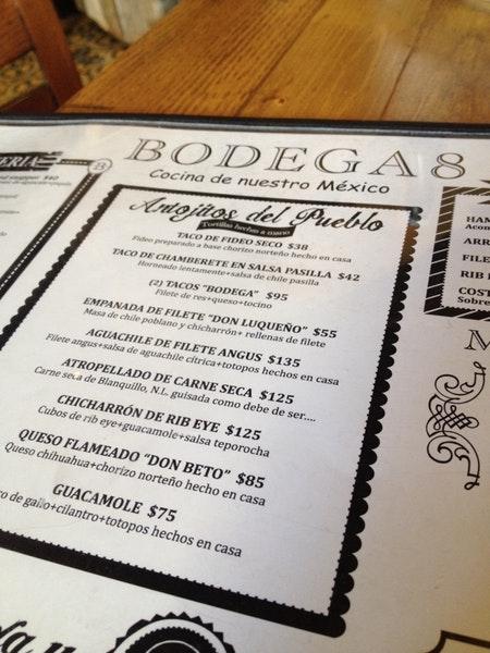 Menu at BODEGA 8 steakhouse, Tijuana, Blvd. Agua Caliente 10387