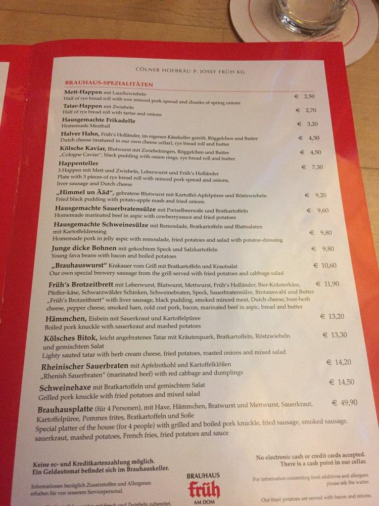 Speisekarte von Früh am Dom pub & Bar, Köln, Am Hof 12