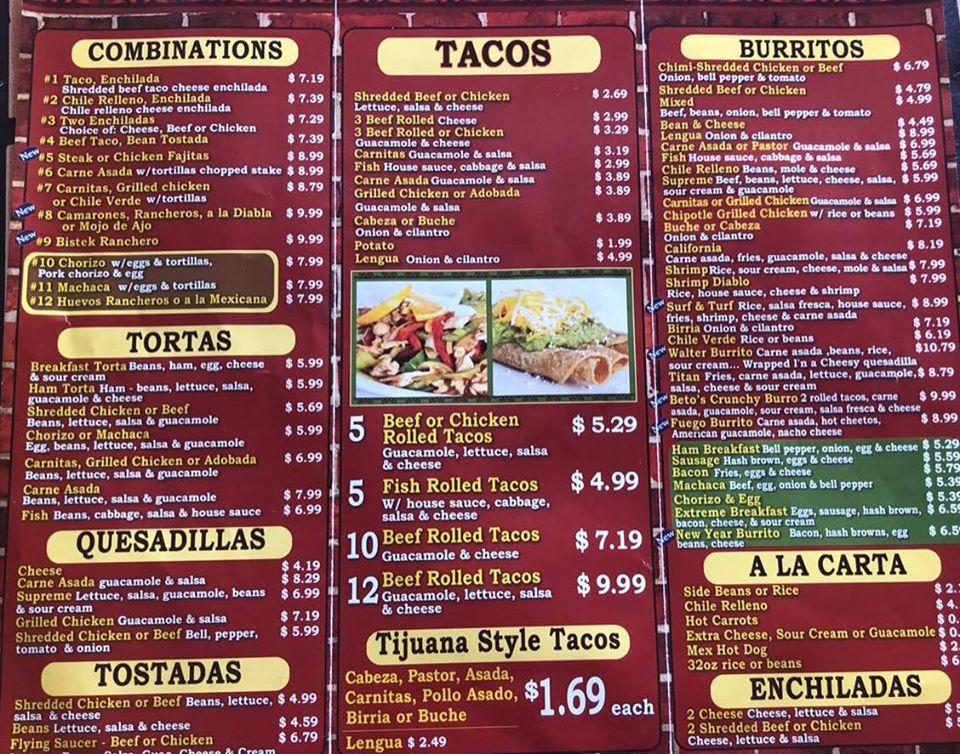 Menu at Los Chavos restaurant, El Cajon