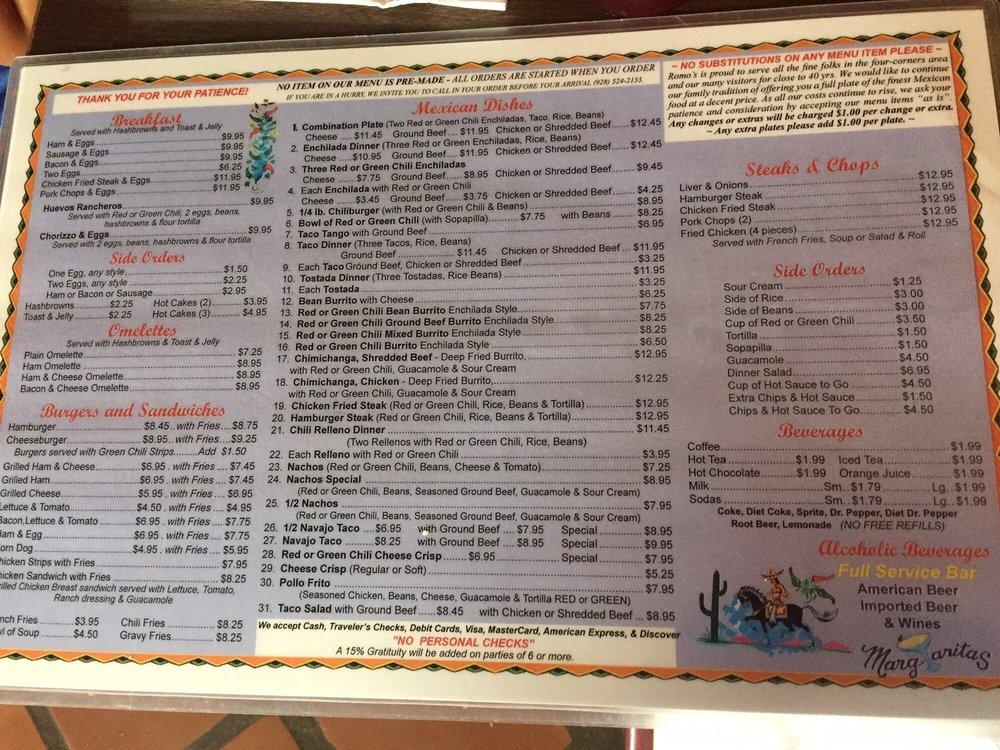 Menu at Romo's Restaurant, Holbrook