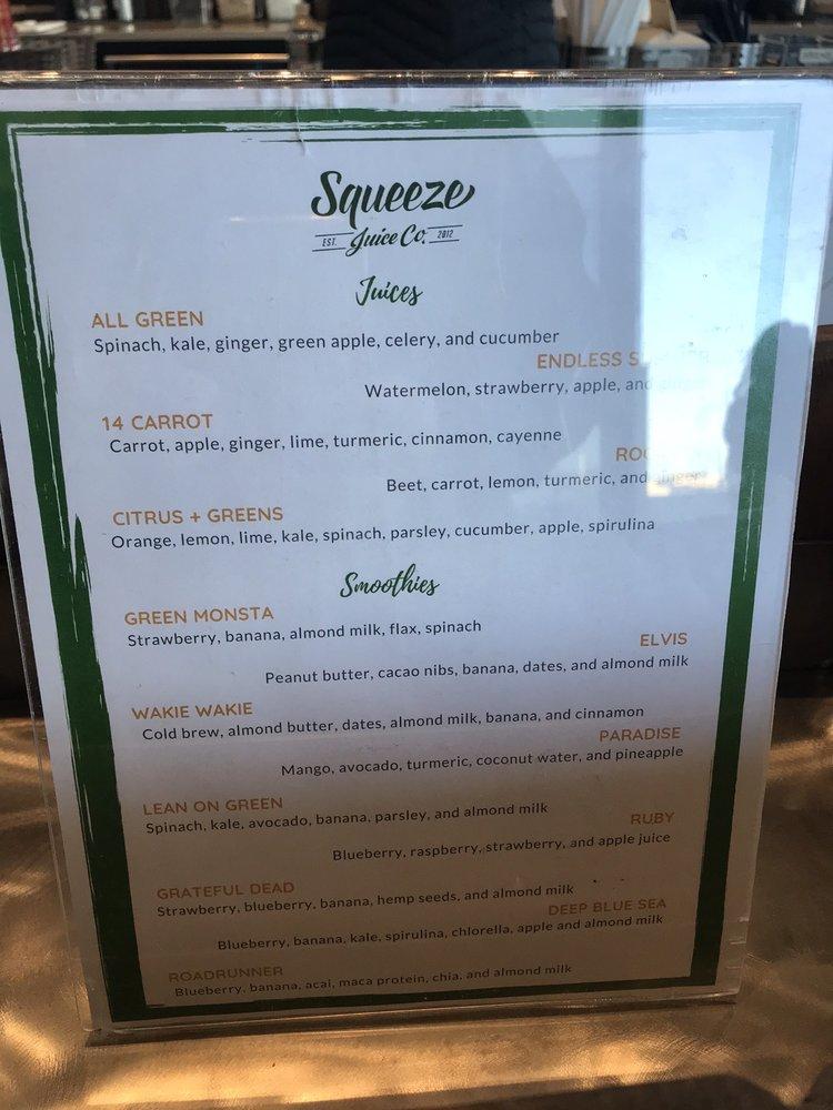 Menu at Squeeze Juice Co pub & bar, Somerville, 393 Revolution Dr