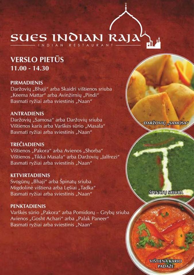 Menu at Sue's Indian Raja restaurant, Vilnius