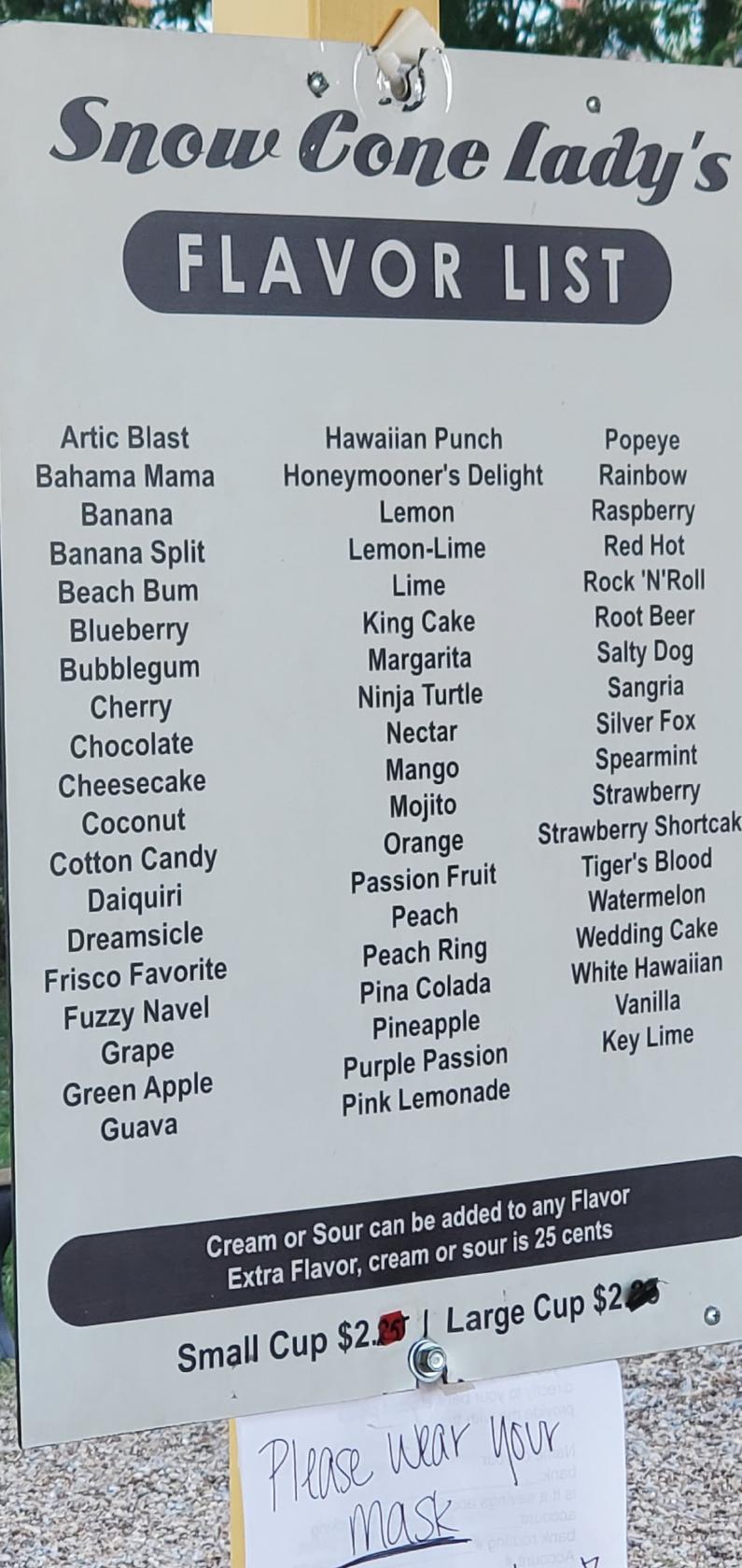 Menu at The Snow Cone Lady desserts, Frisco
