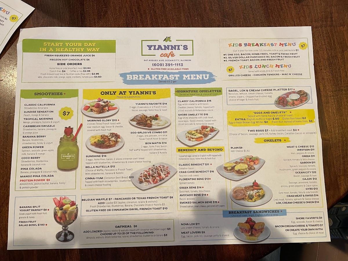 Menu at Yianni's Cafe, Ocean City, 847 Asbury Ave
