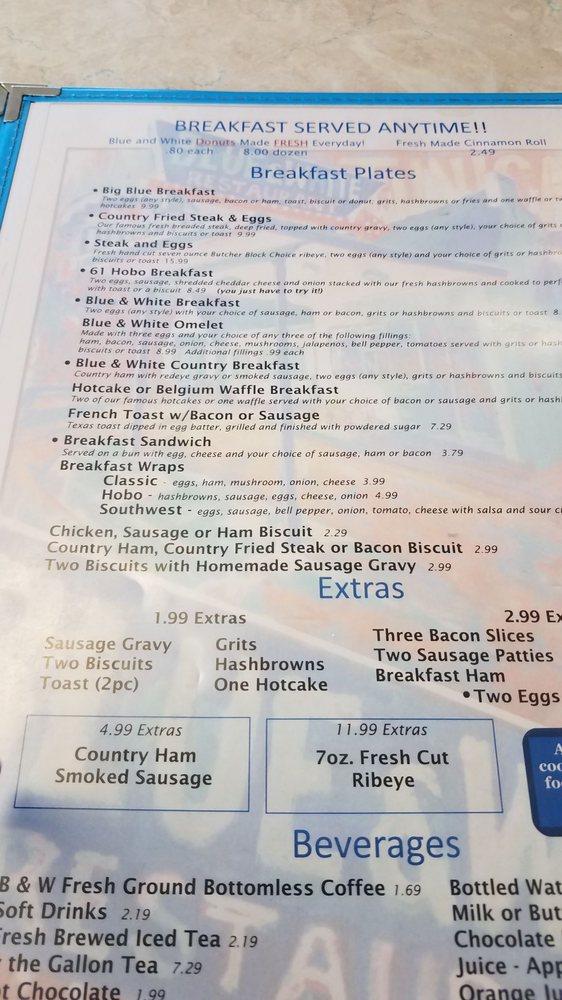 Menu at Blue & White restaurant, Tunica