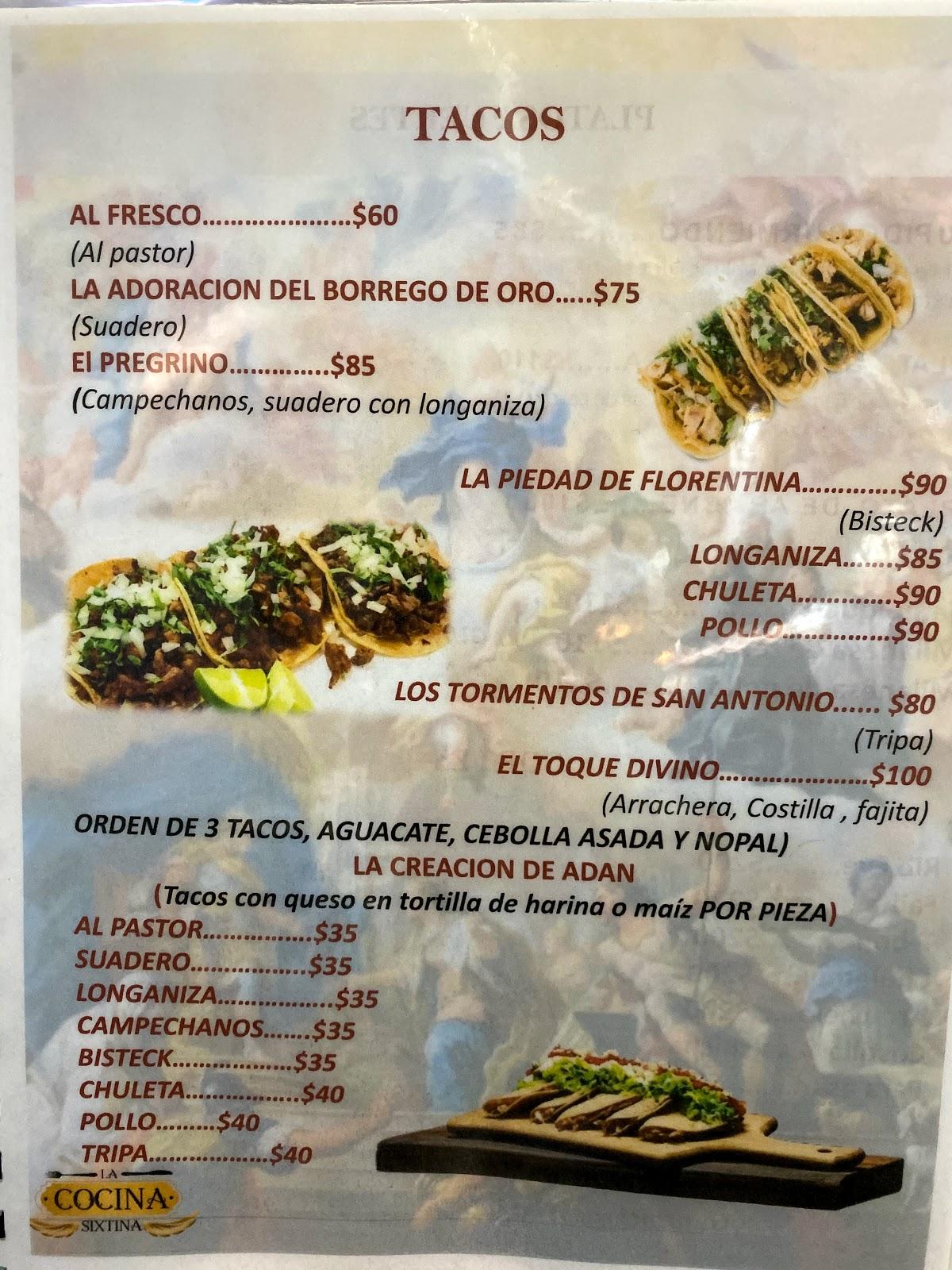 Menu at La Cocina Sixtina restaurant, Reynosa