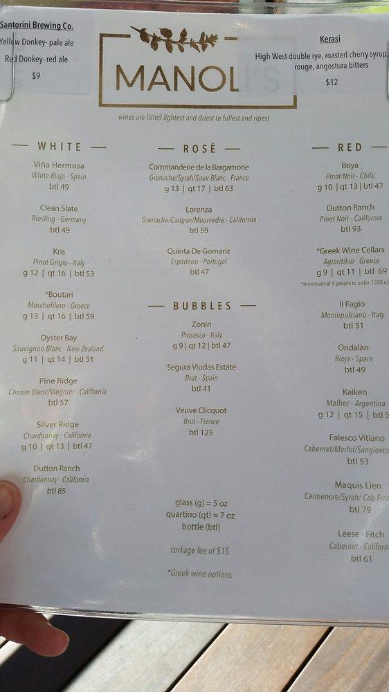 Carta del restaurante Manoli's, Salt Lake City
