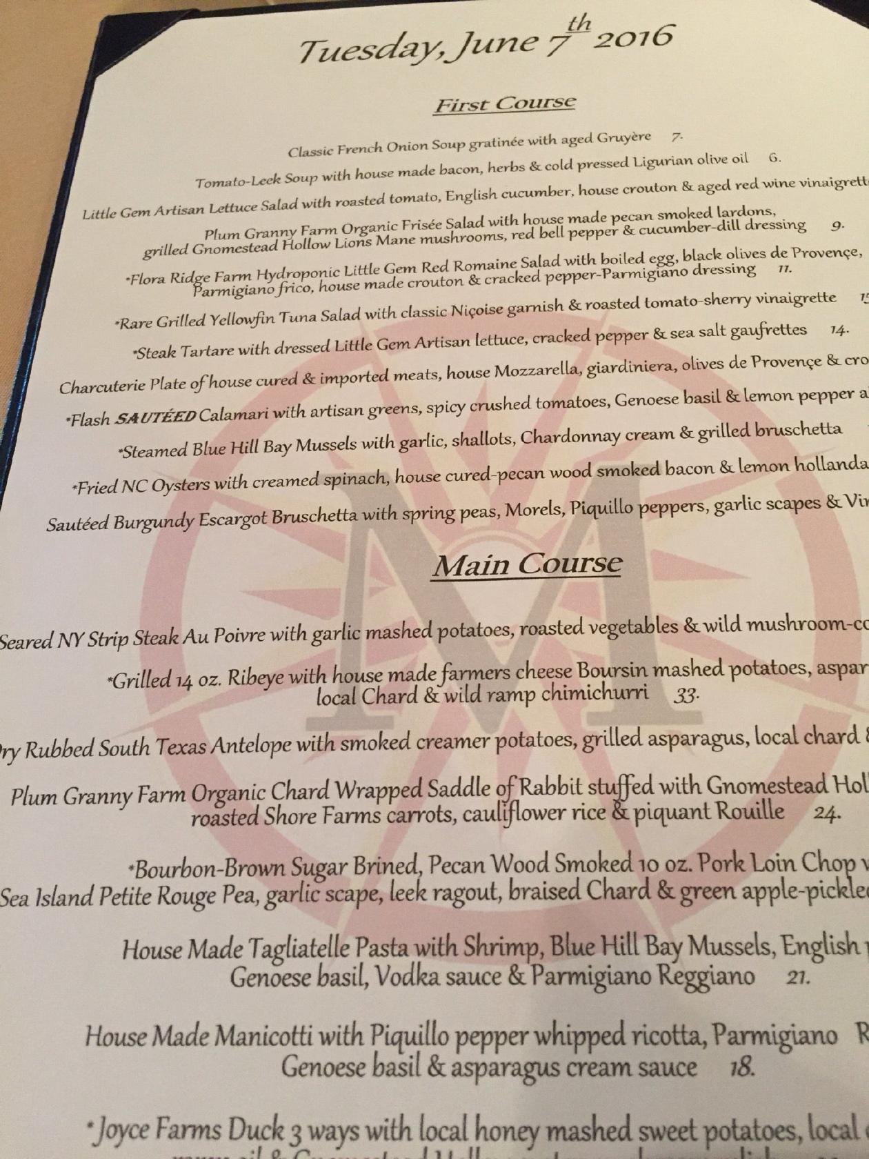 Menu at Meridian Restaurant, Winston-Salem