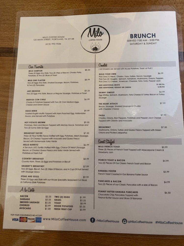 Menu at Milo Coffee House, Portland