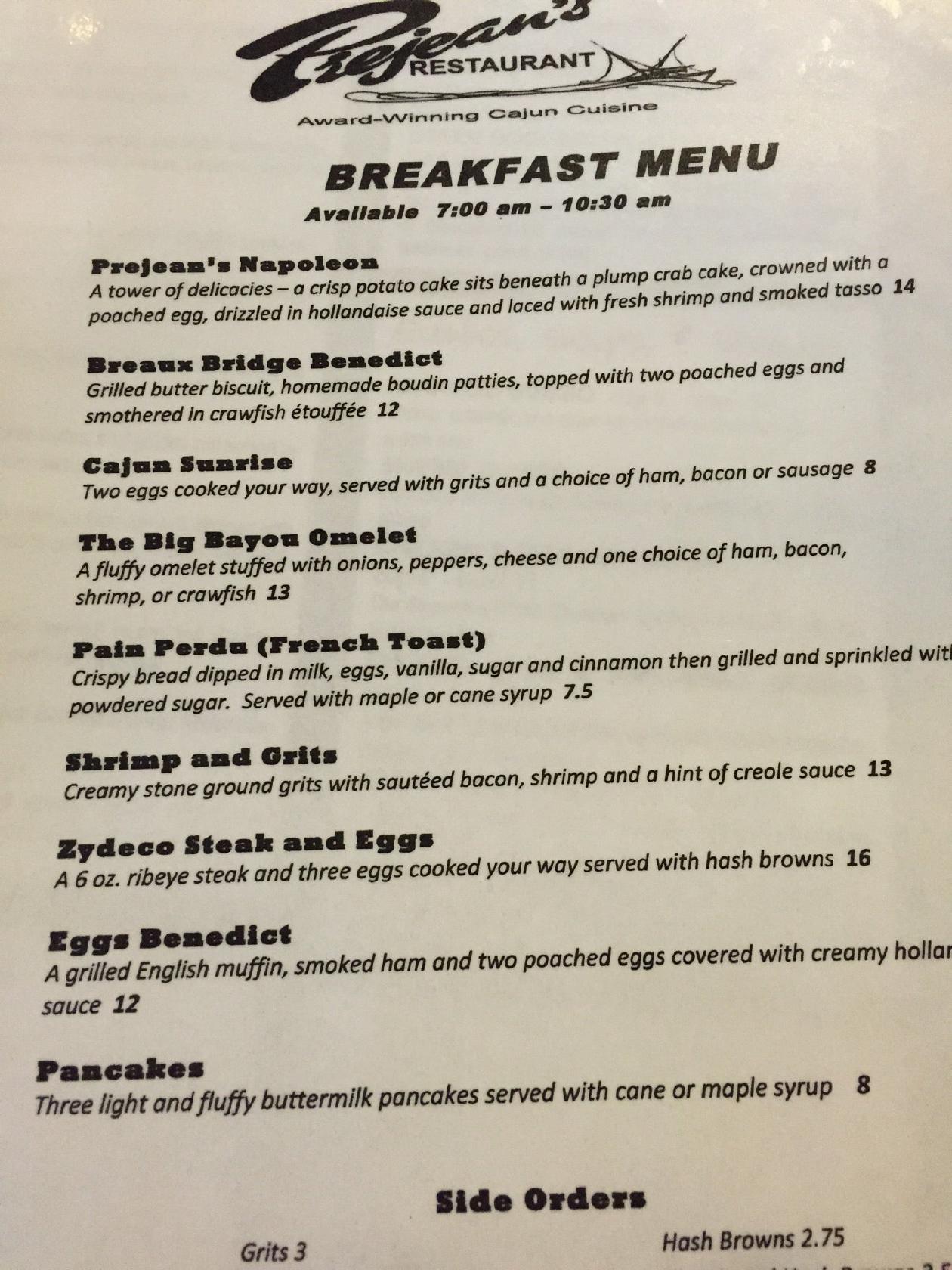 Menu at Prejean's Restaurant Carencro, Lafayette, NE Evangeline Thruway