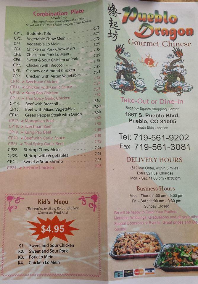 Menu at Pueblo Dragon restaurant, Pueblo, S Pueblo Blvd