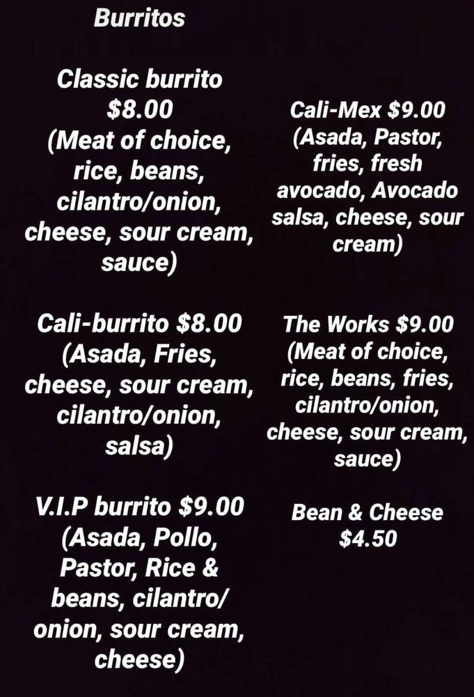 Menu at TACOS V.I.P. restaurant, Rialto