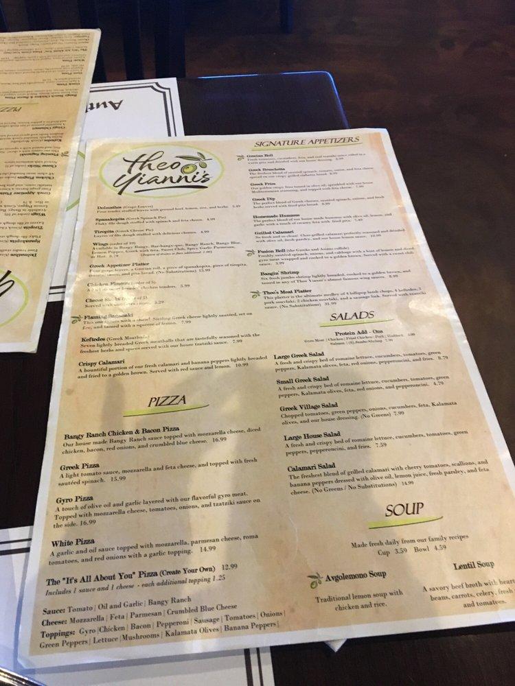 Menu at Theo Yianni's pizzeria, Weirton