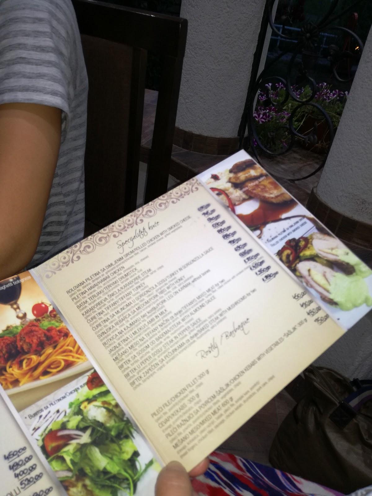 Menu at Tiffany restaurant, Vrbas, BB PALIH BORACA