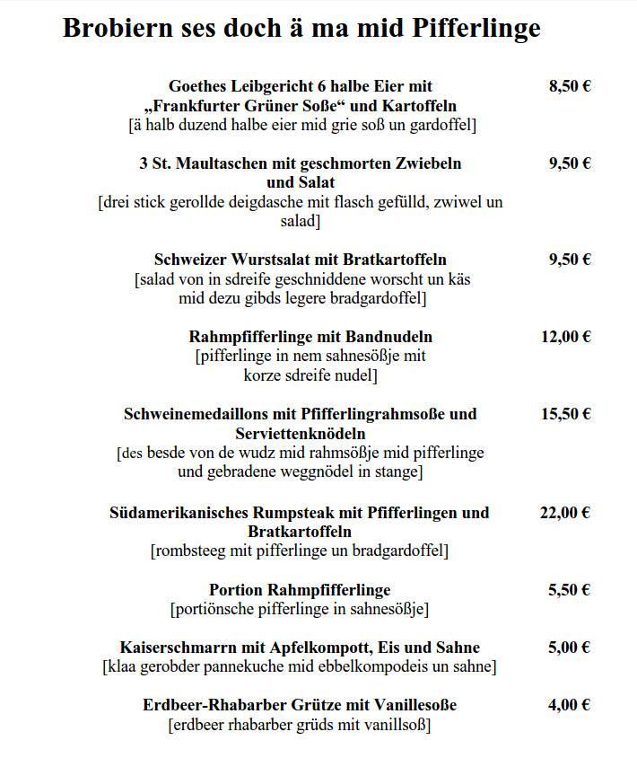 Menu at Zum Weinberg restaurant, Kronberg