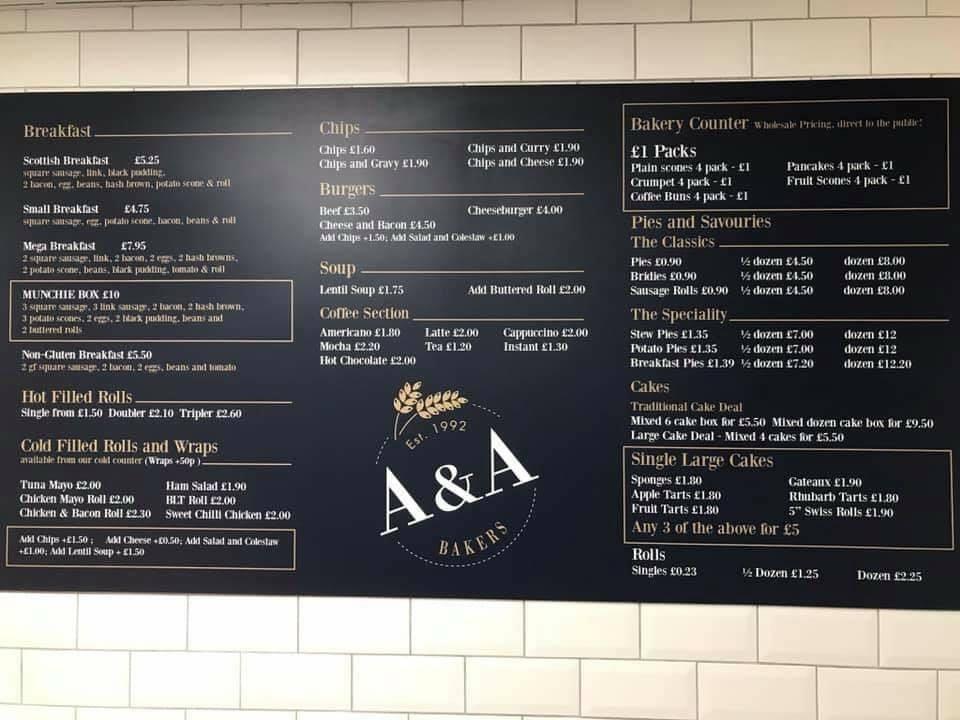 Menu at A & A Bakers, Paisley