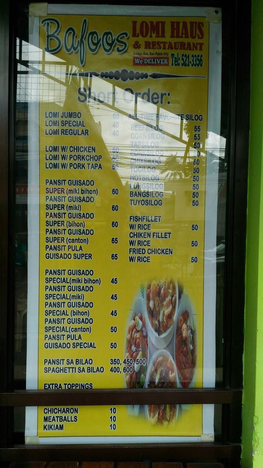 Menu at Bafoos Lomi Haus & Restaurant, San Pablo City