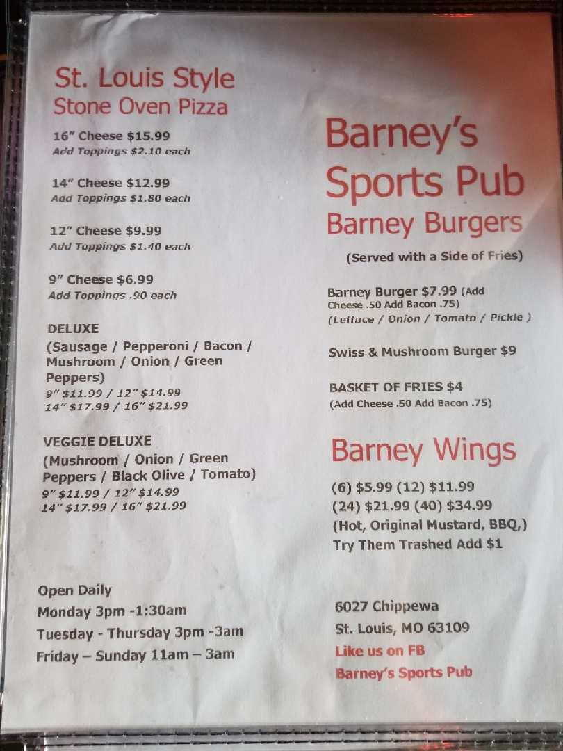 Menu at Barney's Sports Pub, St. Louis