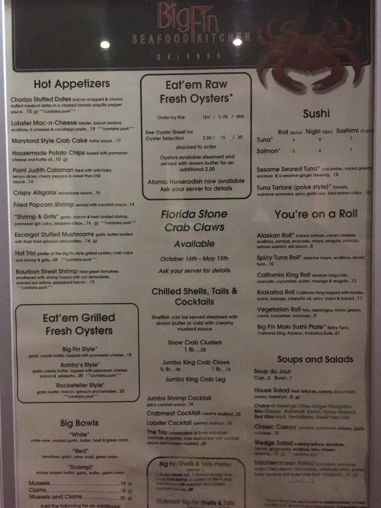 Menu at BigFin Seafood restaurant, Orlando