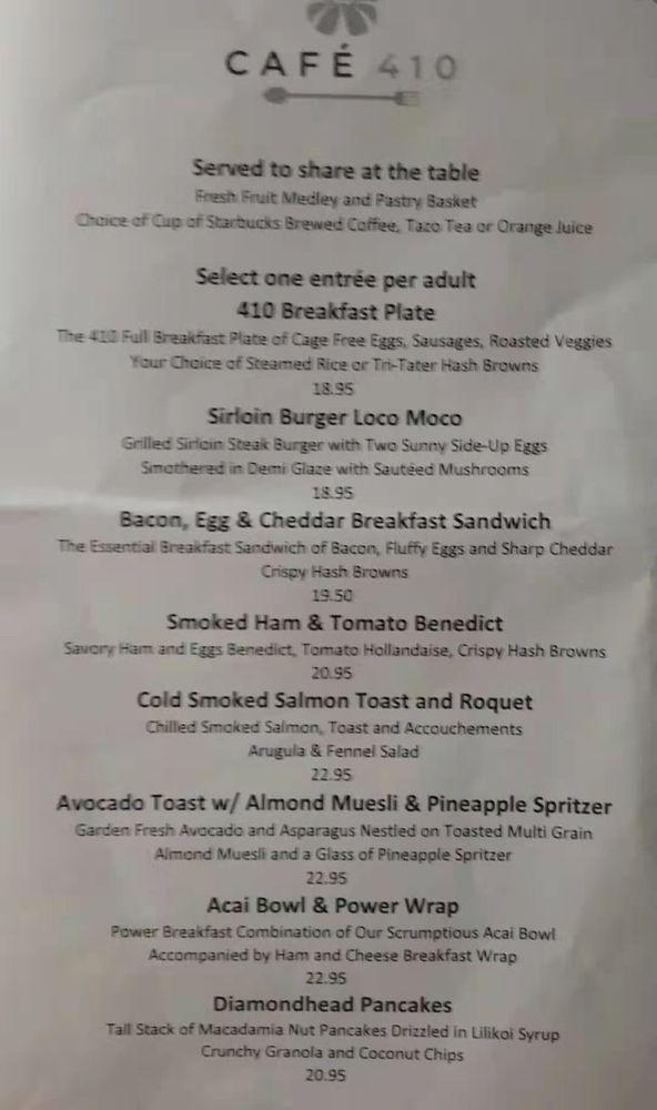 Menu at Cafe’ 410, Honolulu