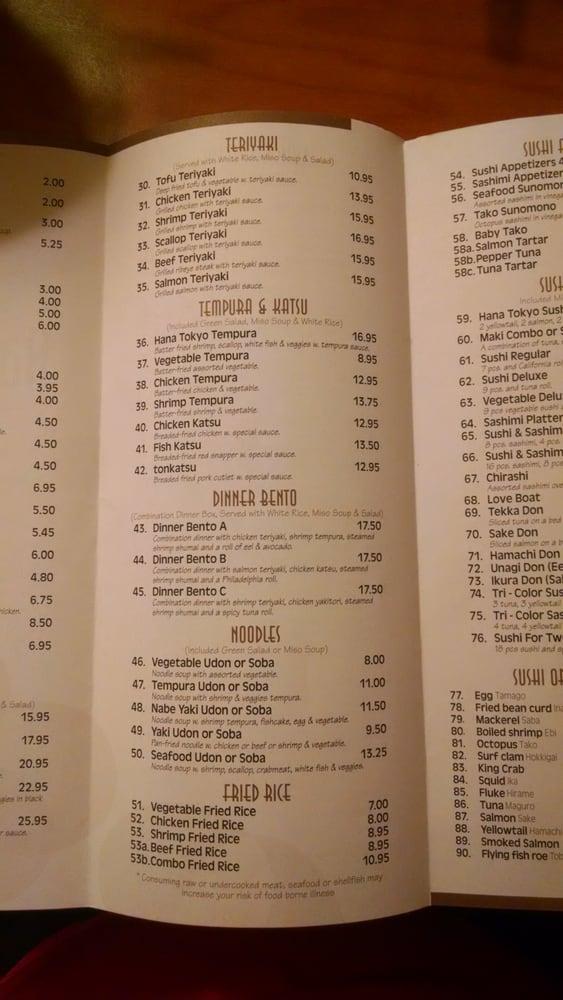 Menu at Hana Tokyo restaurant, Sierra Vista