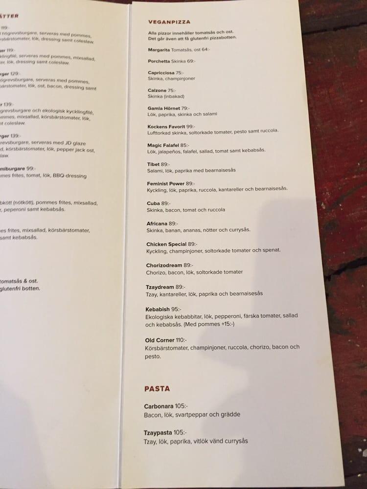 Menu at Old Corner restaurant, Gothenburg, Artillerigatan 14