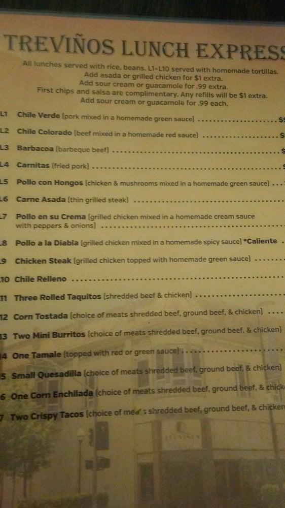 Menu at Trevino's restaurant, Merced