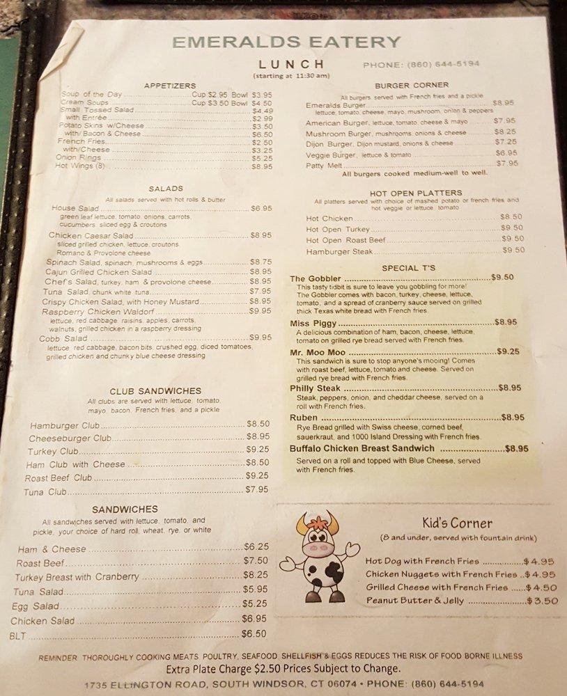 Menu at Emeralds Eatery restaurant, South Windsor